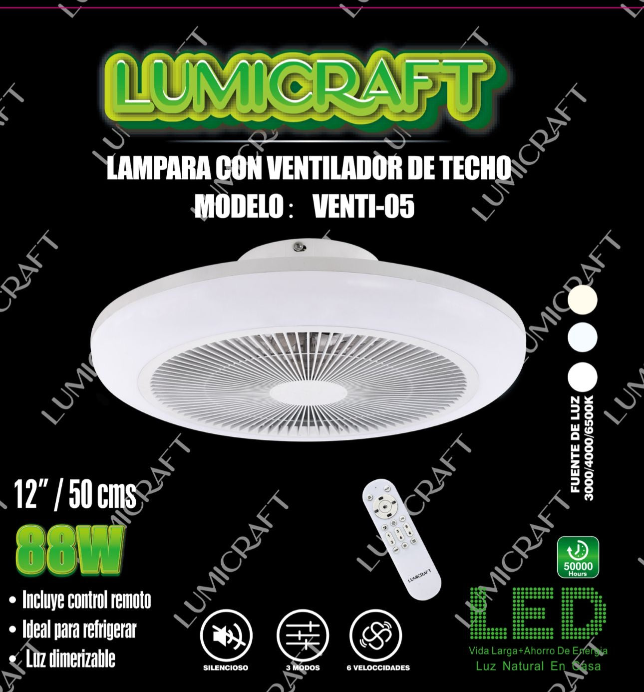 VENTILADOR LUMICRAFT DE 12" / 50CMS CON LUZ LED INTEGRADOR TRIPLE TEMP – Nosa.mx