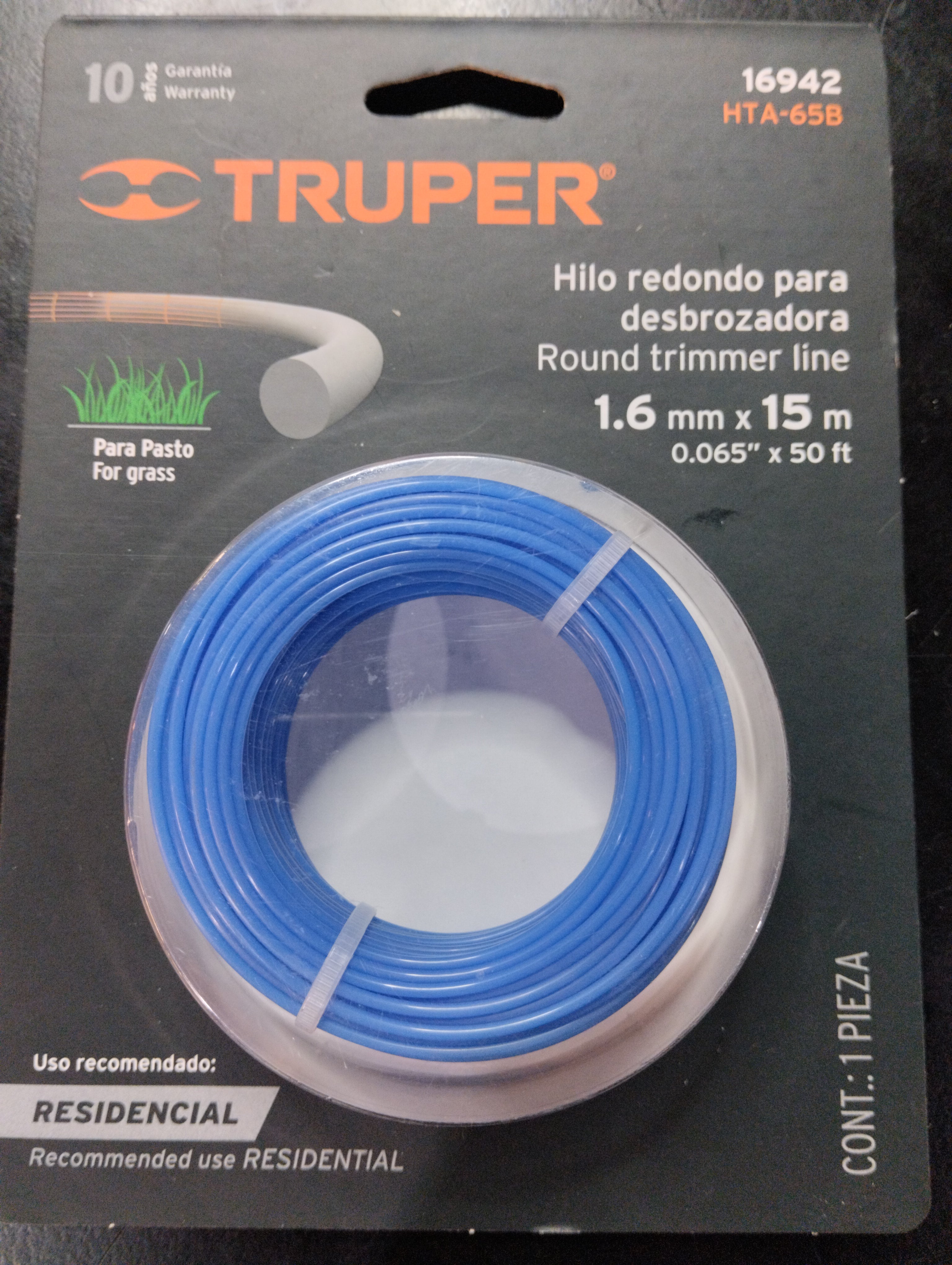 Hilo redondo para desbrozadora 1.6 mm x 15 mts. Color azul. 16942 HTA ...
